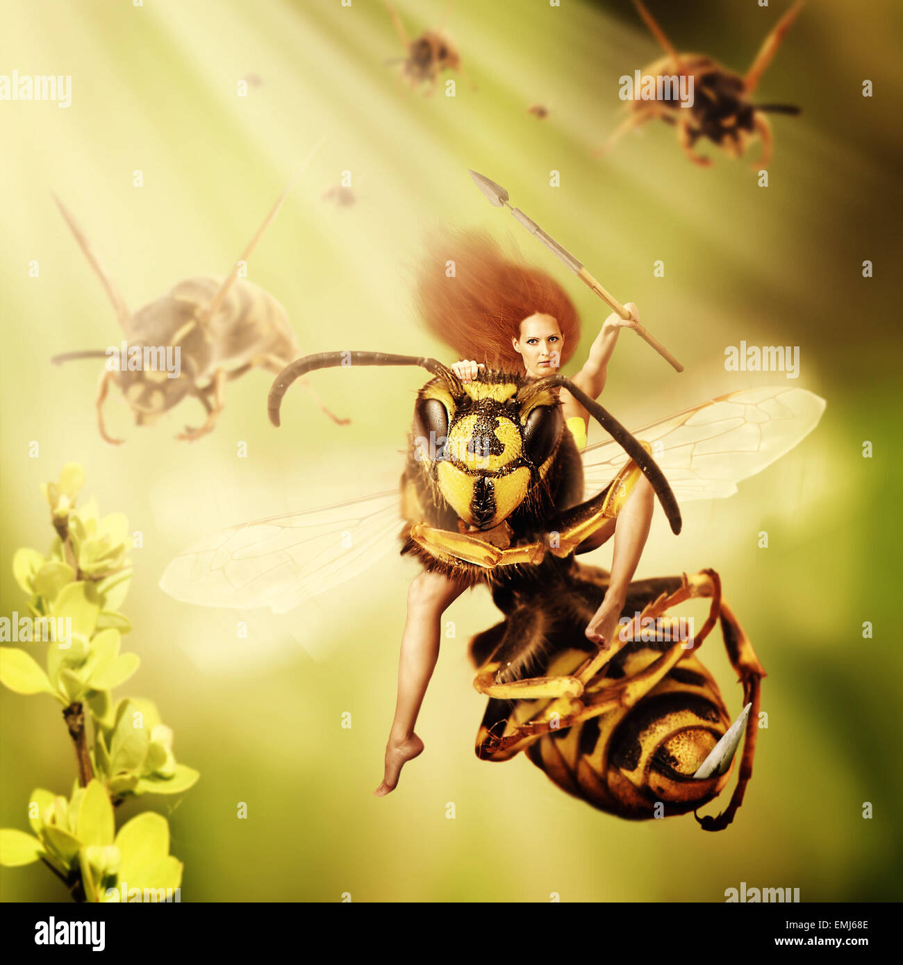 Fantasy magic world. Woman sits astride a wasp and controls an army of ...