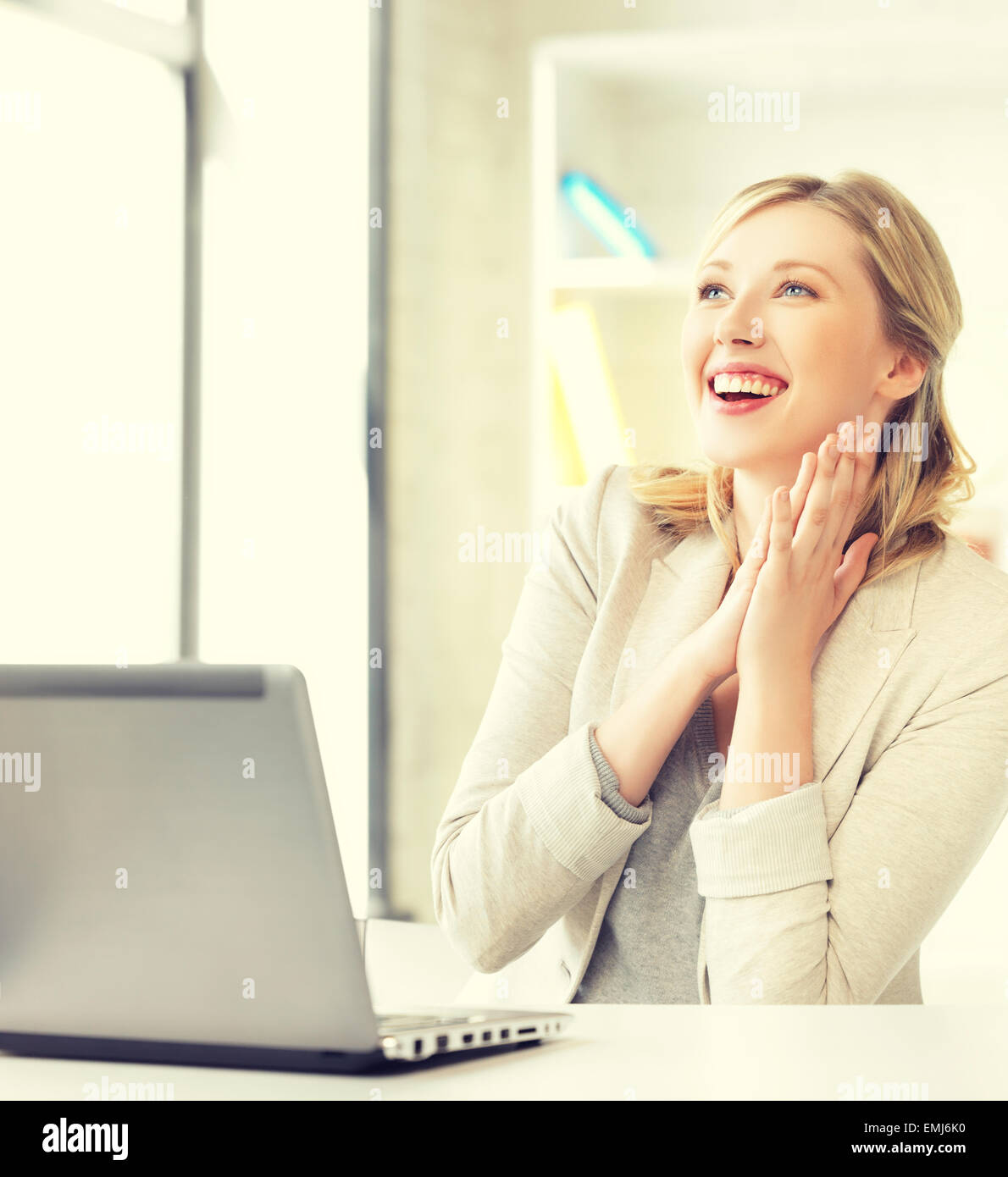happy woman with laptop computer Stock Photo - Alamy