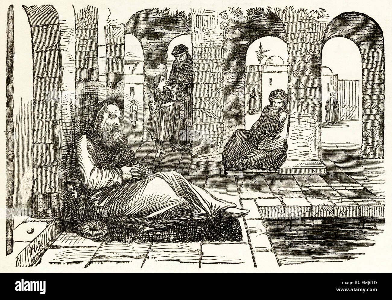 Village scene in the Holy Land Middle East. Victorian woodcut engraving ...