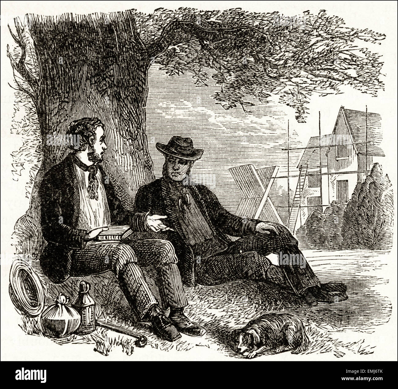 Builders having lunch under a tree. Victorian woodcut engraving dated ...