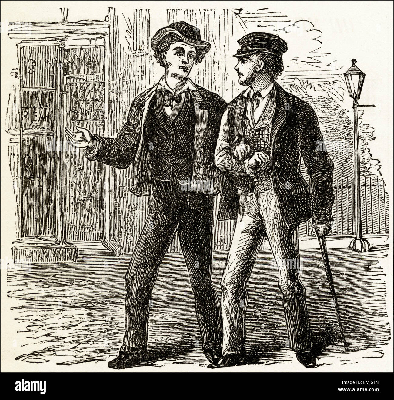 Street scene two men walking to the pub. Victorian woodcut engraving ...