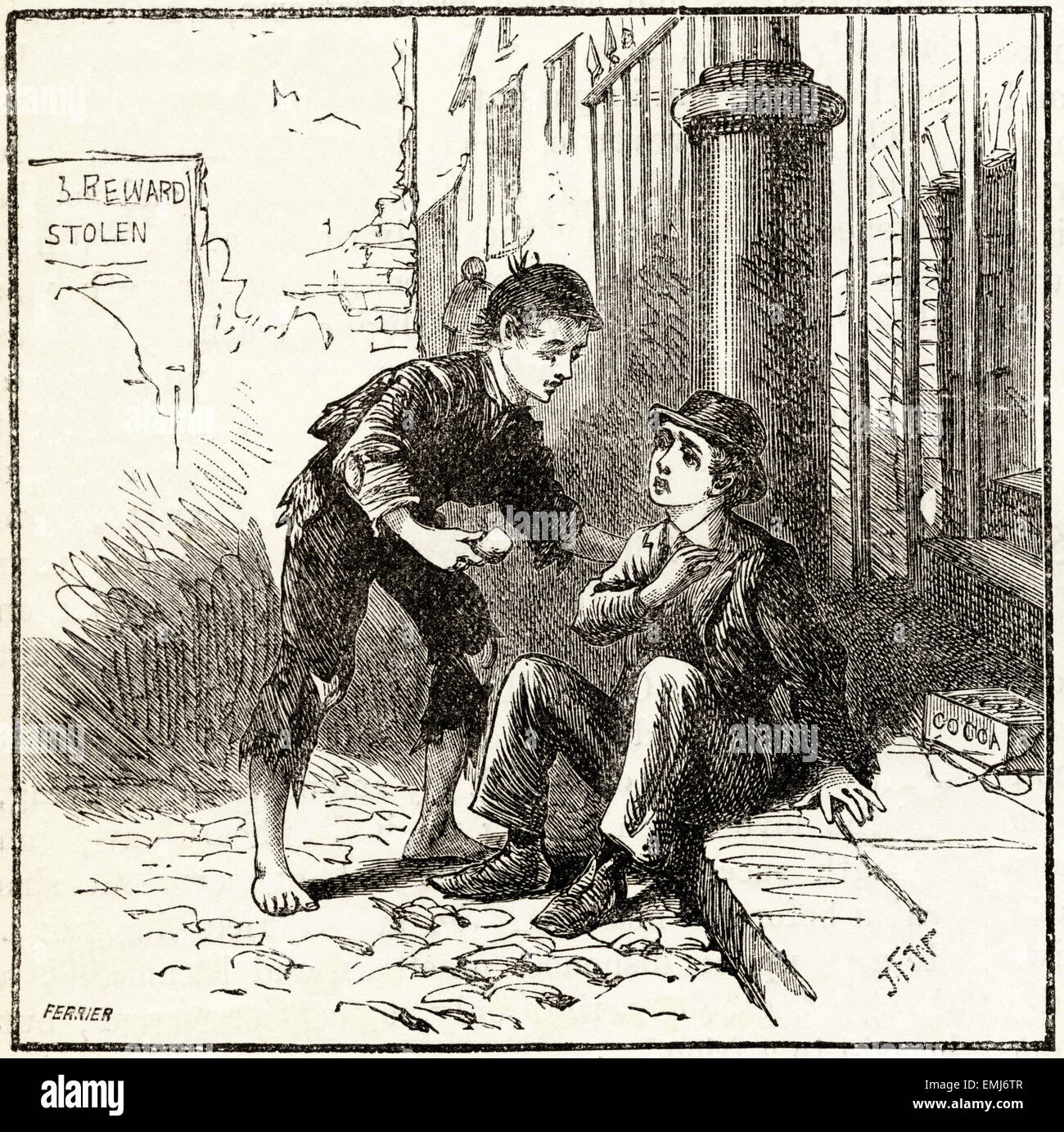 Street scene urchin with young man selling matches. Victorian woodcut ...