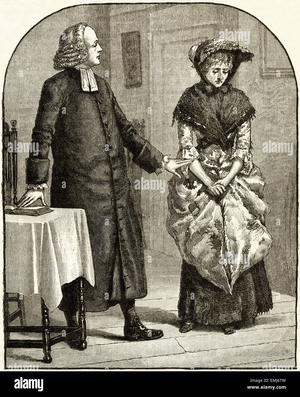 Vicar talking to woman in the vicarage. Victorian woodcut engraving ...