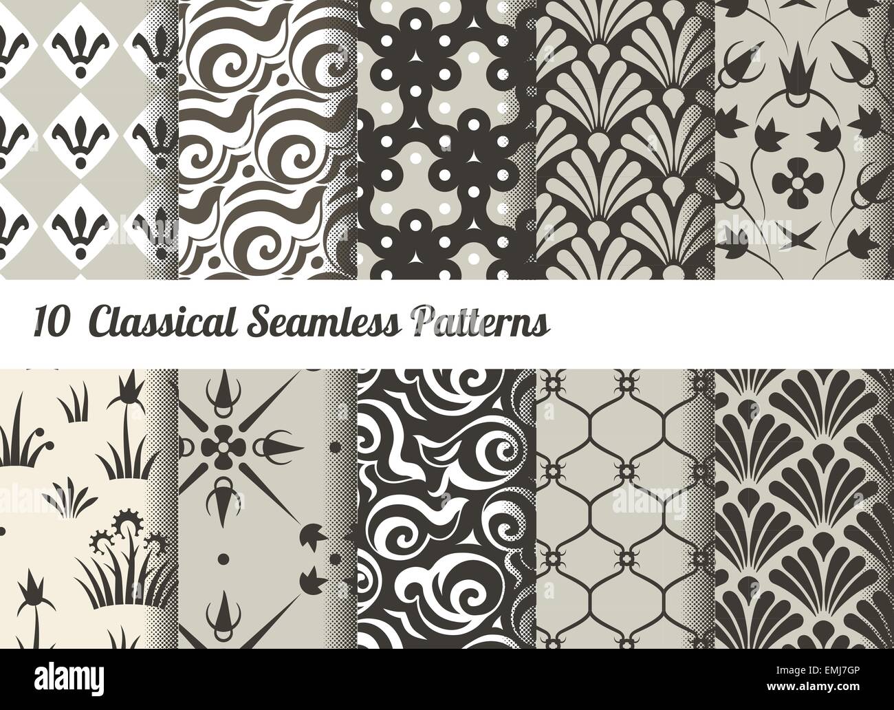 Seamless pattern background. Set of 10 classical motifs. Monochrome ...