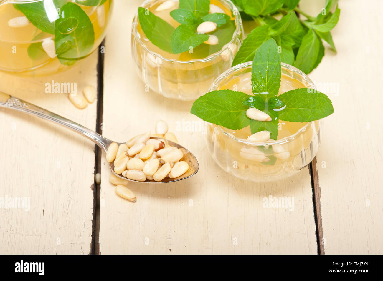 Arab traditional style mint and pine nuts tea called at tay Stock Photo ...
