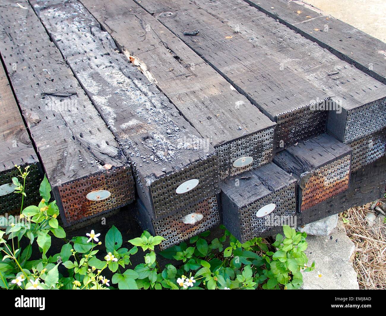 The closeup of wooden support for railway Stock Photo - Alamy