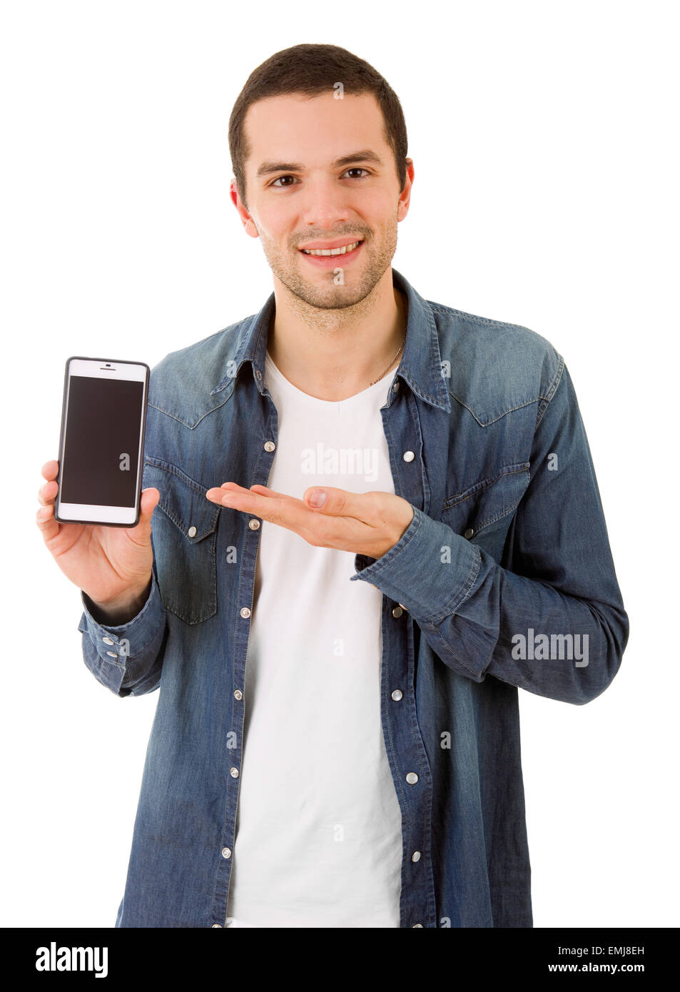 young casual happy man with a phone, isolated Stock Photo - Alamy