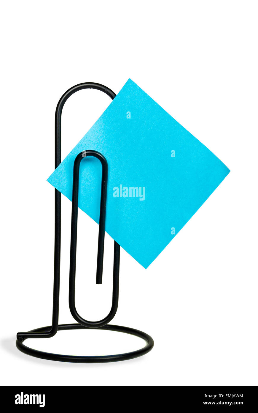 Large black paper clip with bold aqua square paper isolated on white ...