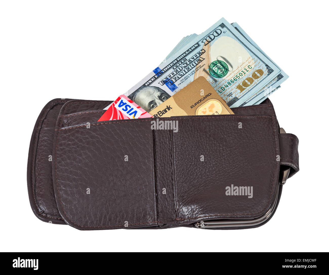 Wallet open with a dollar bill sticking out and credit card, isolated ...