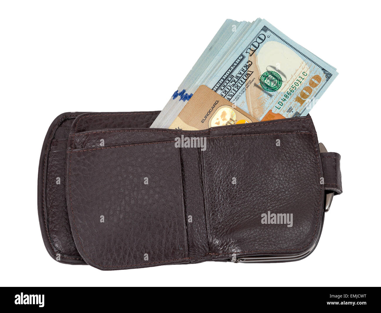 Wallet open with a dollar bill sticking out and credit card, isolated ...