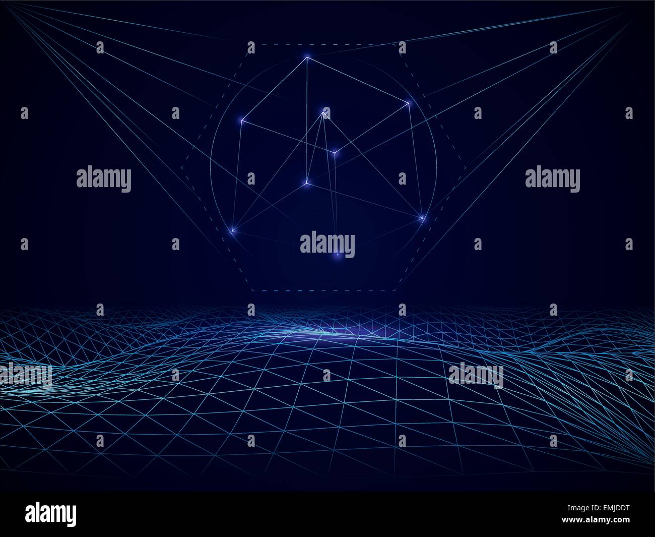 Abstract vector cyberspace polygonal grid waves with 3d cube Stock ...