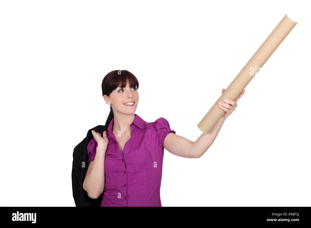 Woman with a cardboard tube Stock Photo - Alamy
