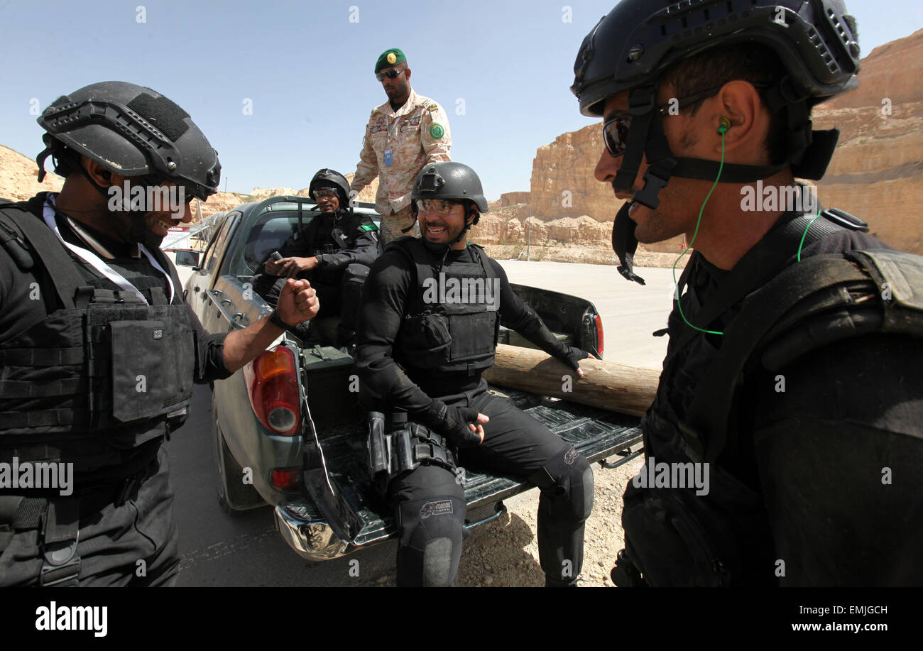 Amman, Jordan. 21st Apr, 2015. Saudi Arabia paramilitary personnel participate in the seventh ...