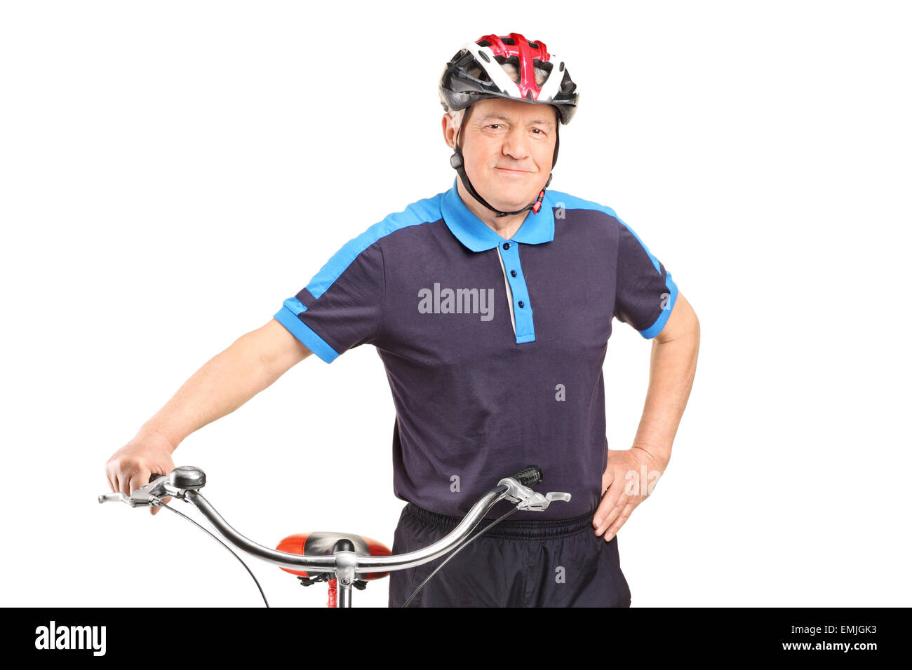 Healthy mature man pushing a bike isolated on white background Stock ...