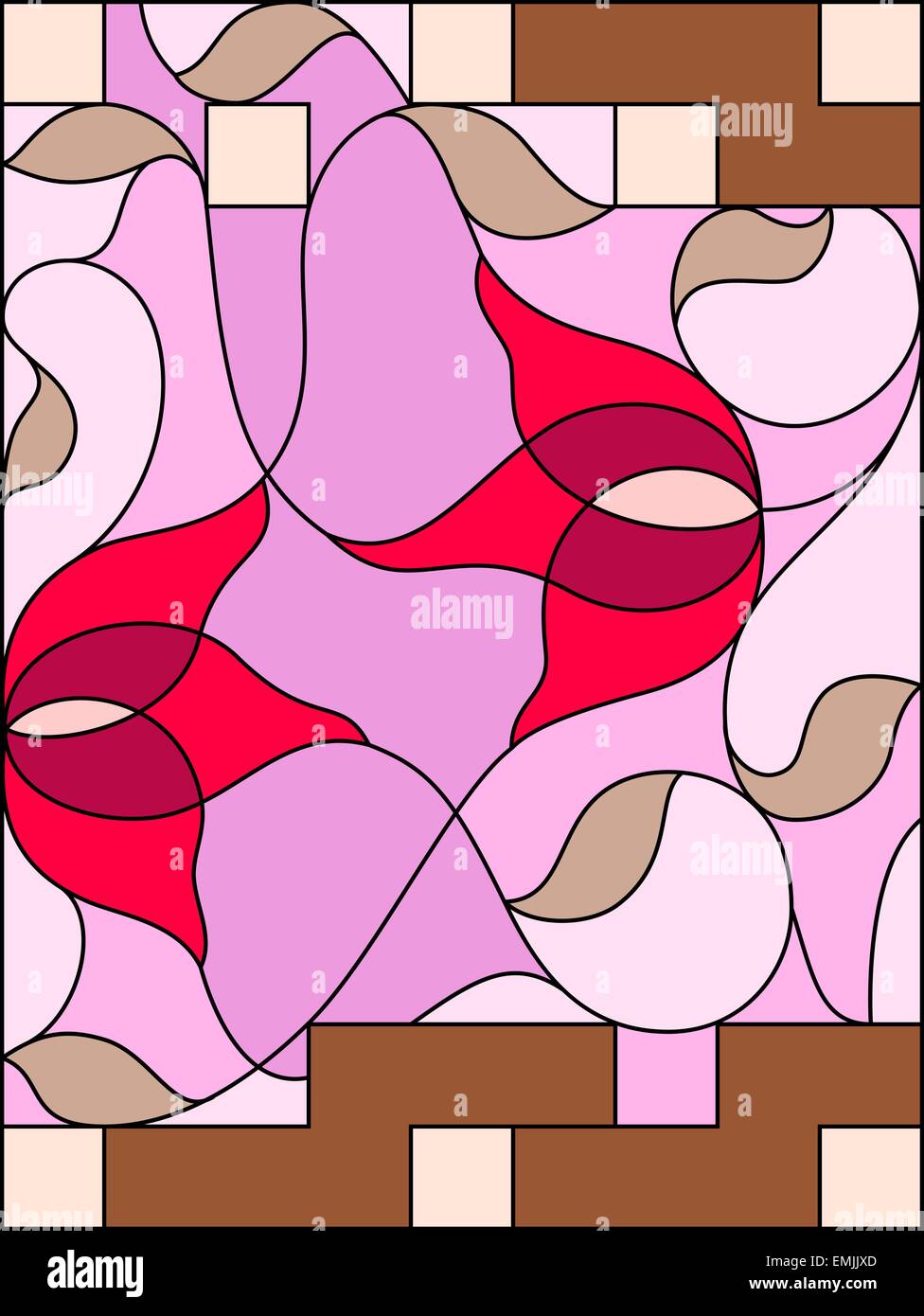 Stained glass window. Composition of stylized tulips, leaves, geometric ...