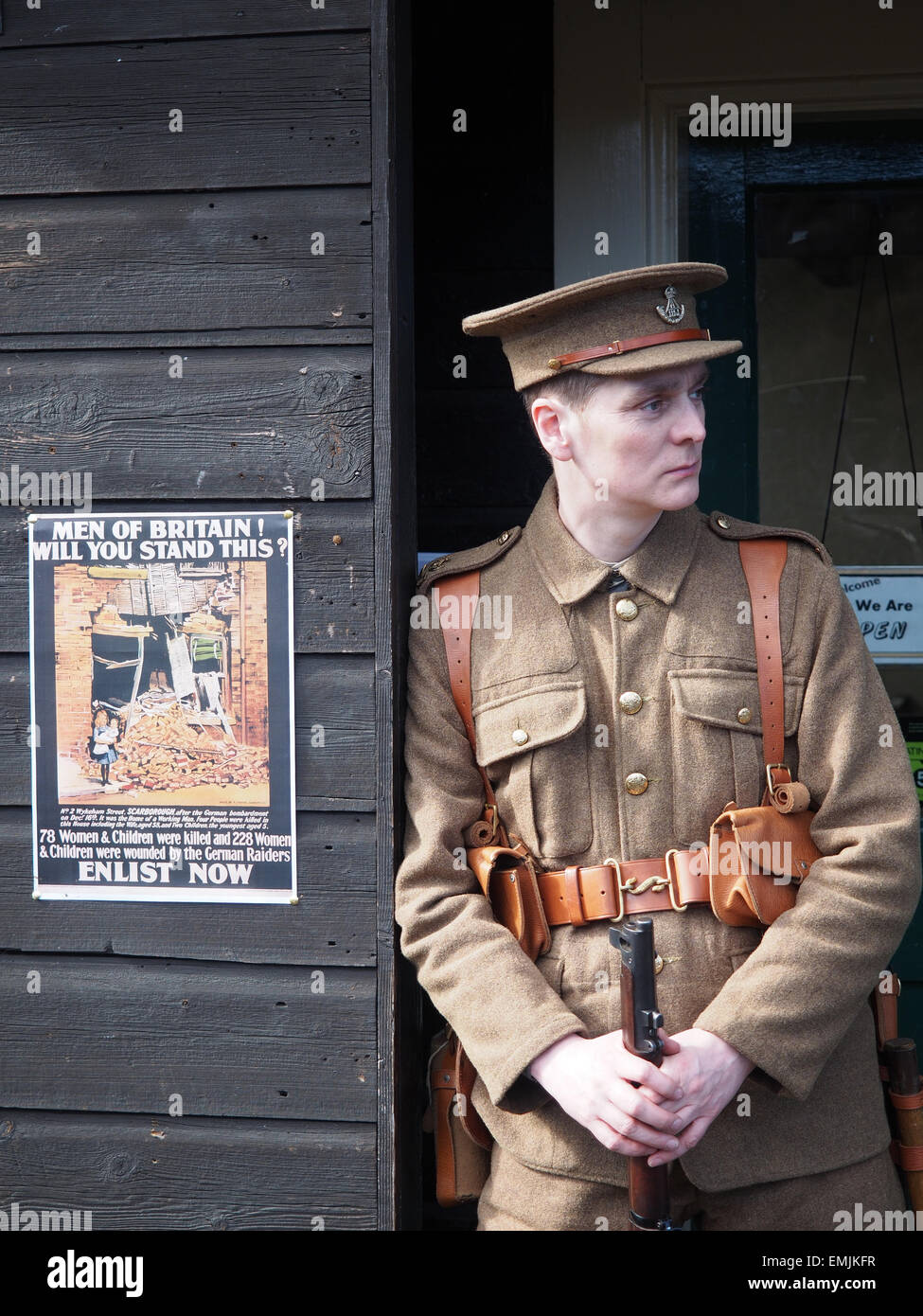 Man dressed as a British soldier from World War one posing during a ...