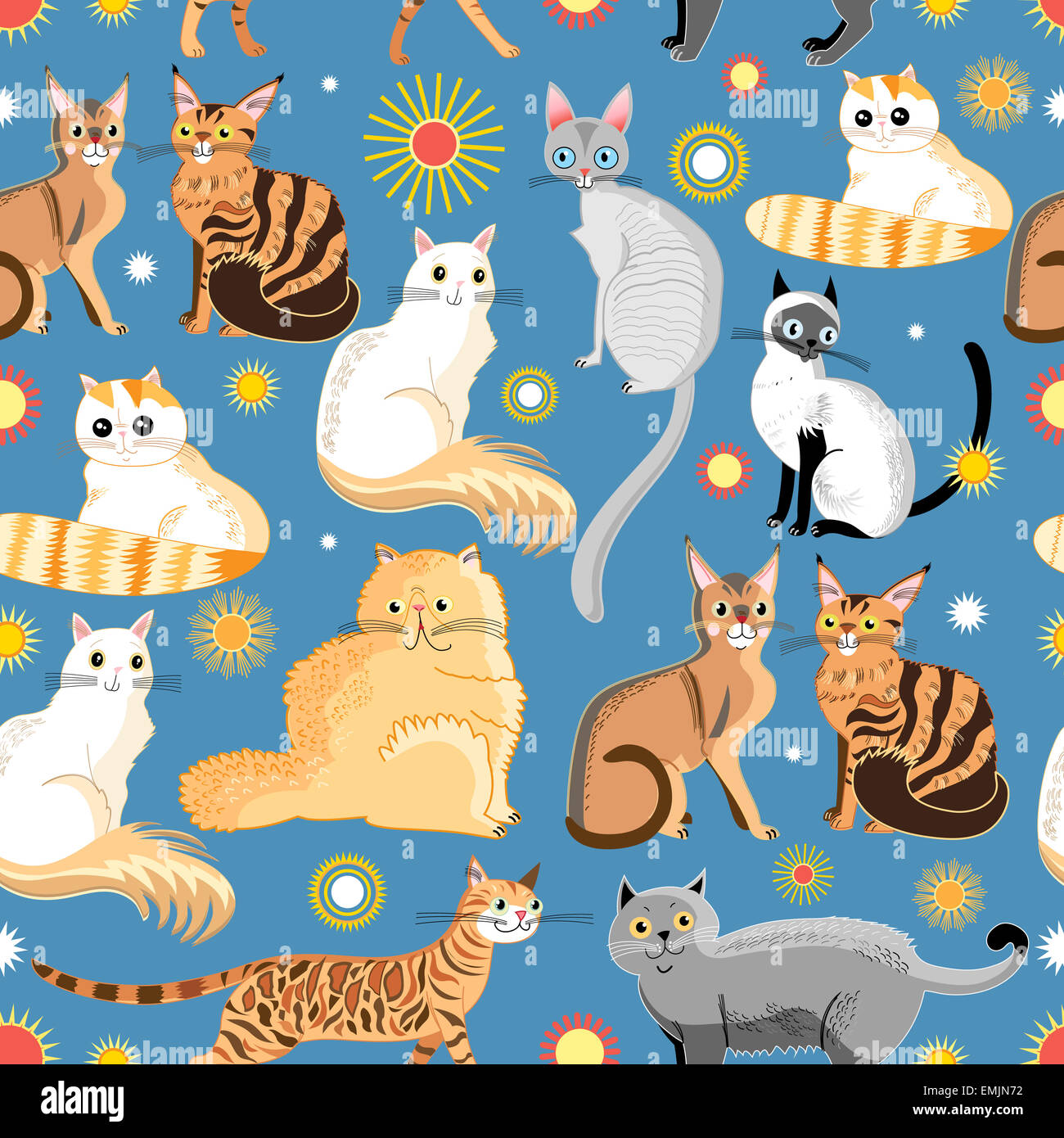 Seamless graphic pattern of different breeds of cats on a blue ...