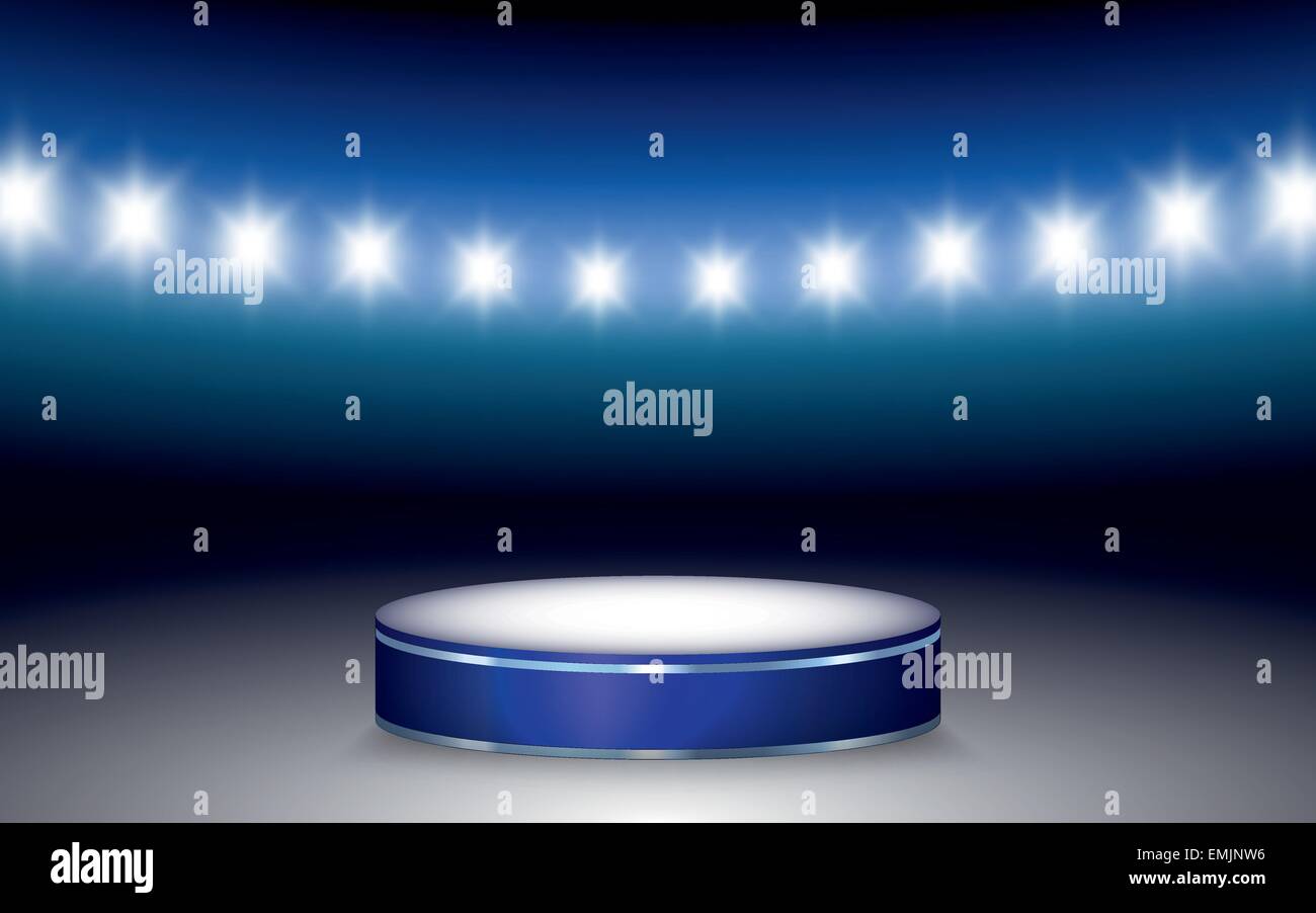Vector illustration of Ramp with illuminated podium and stadium lights ...