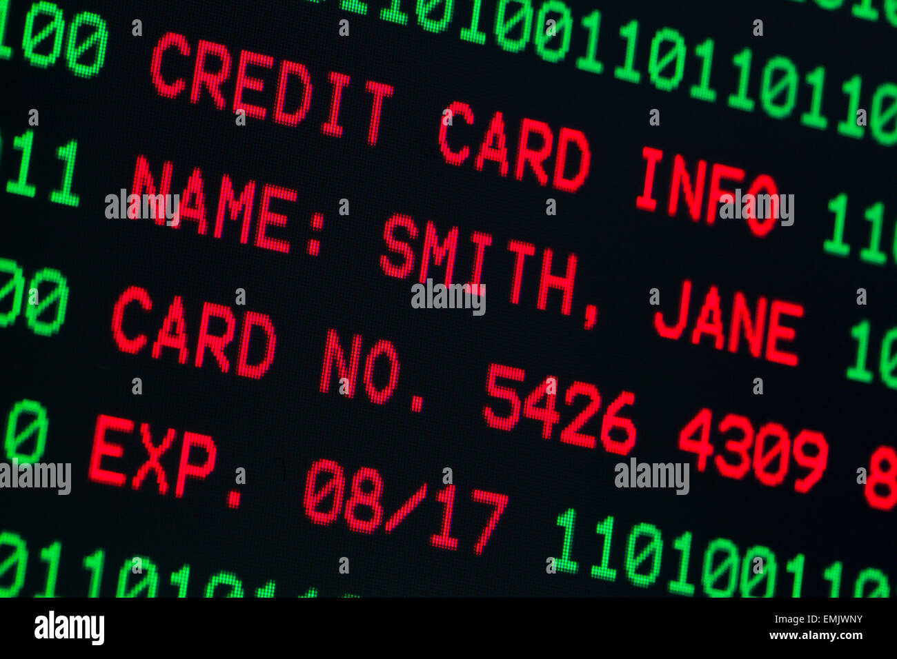 Credit card information on computer screen (information is fictional ...