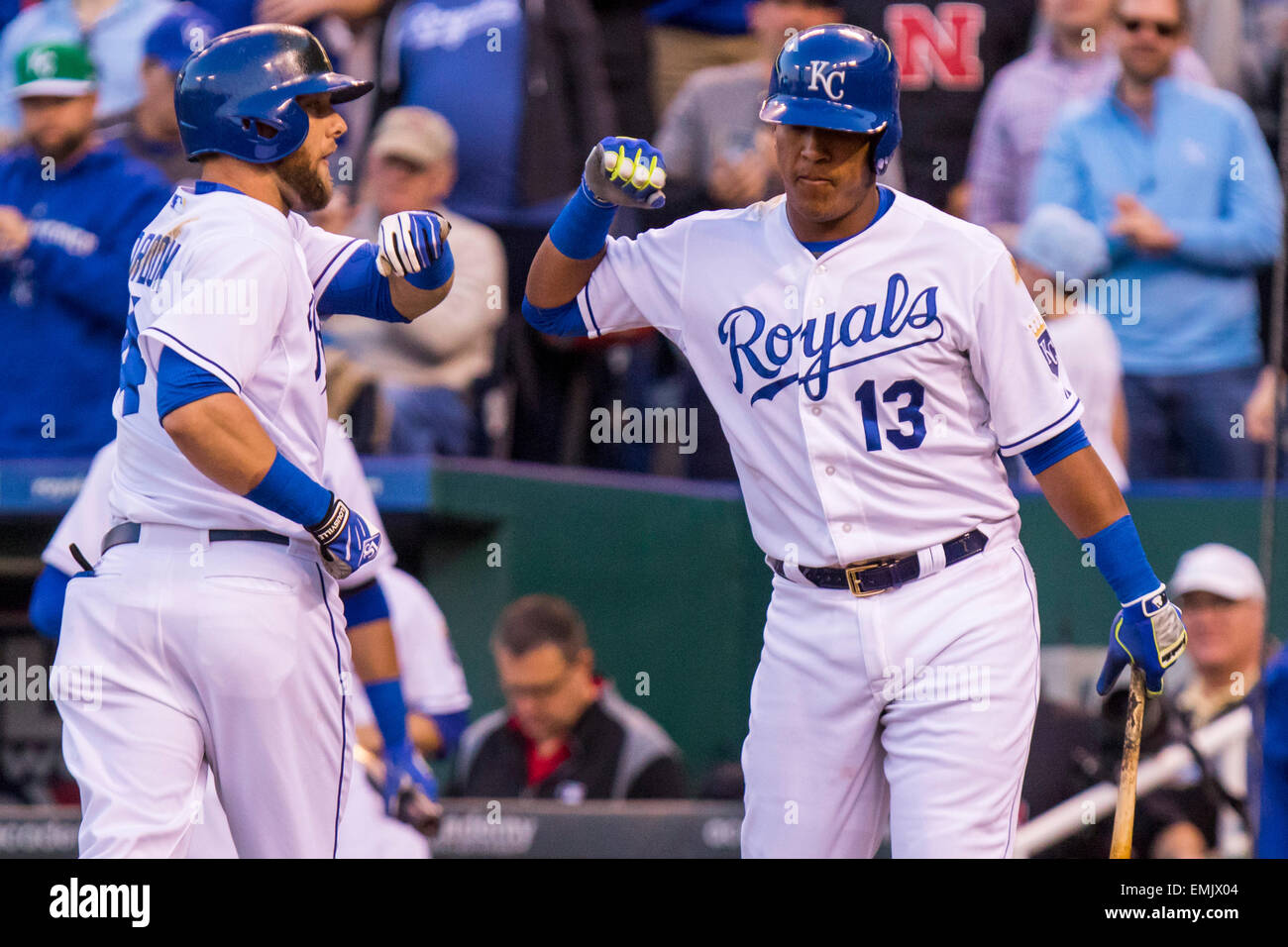 April 21, 2015: Alex Gordon #4 of the Kansas City Royals celebrates ...