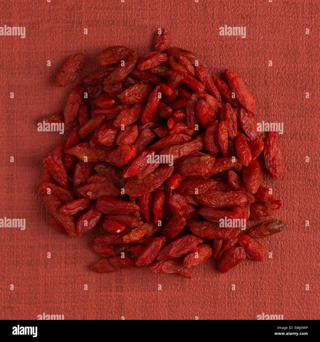 Top view of circle of dry red goji berries against red vinyl background ...