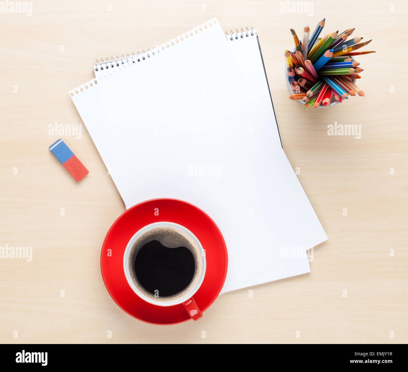 Office desk table with supplies and coffee cup. Top view with copy ...