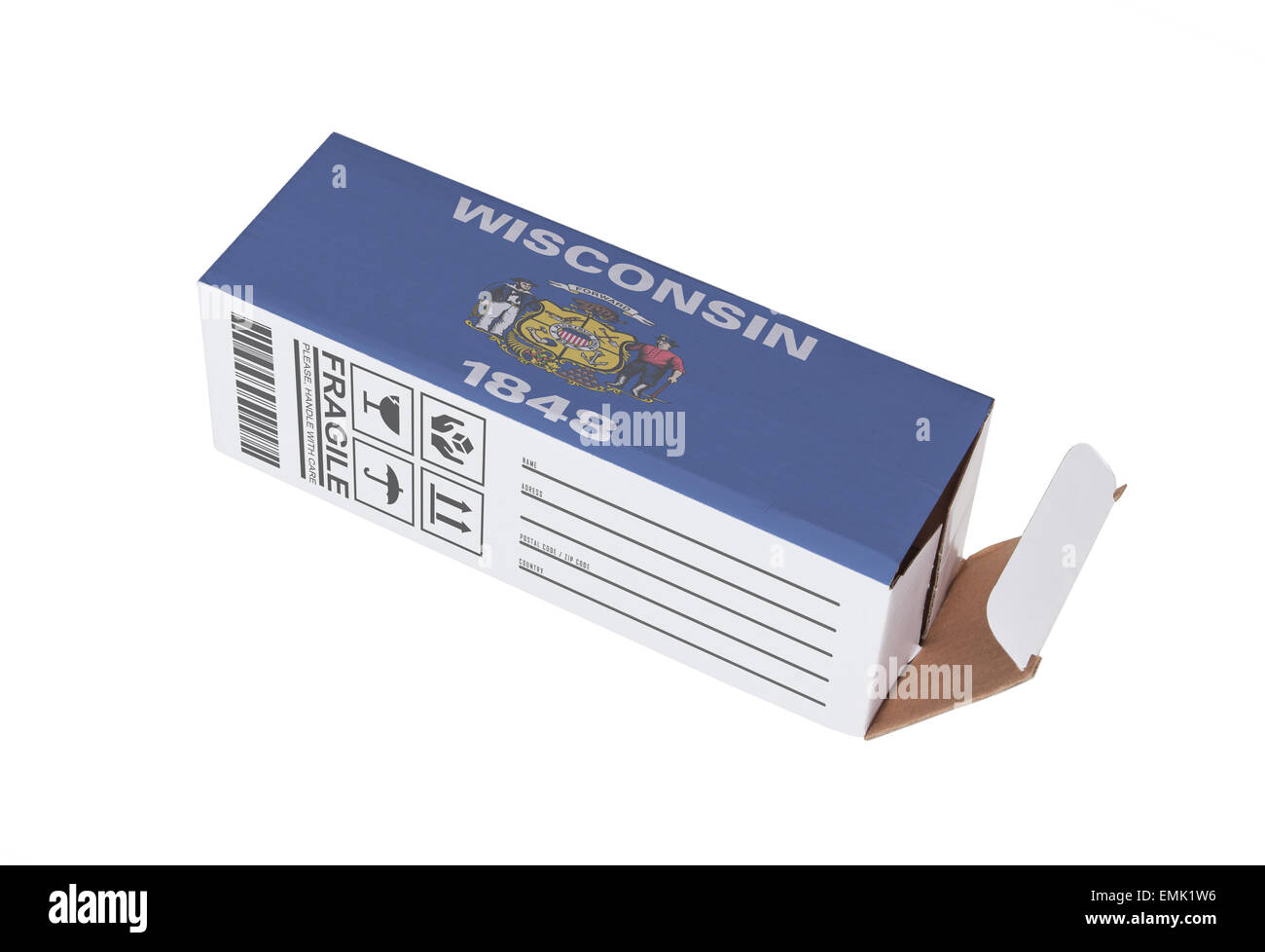 Concept of export, opened paper box - Product of Wisconsin Stock Photo ...
