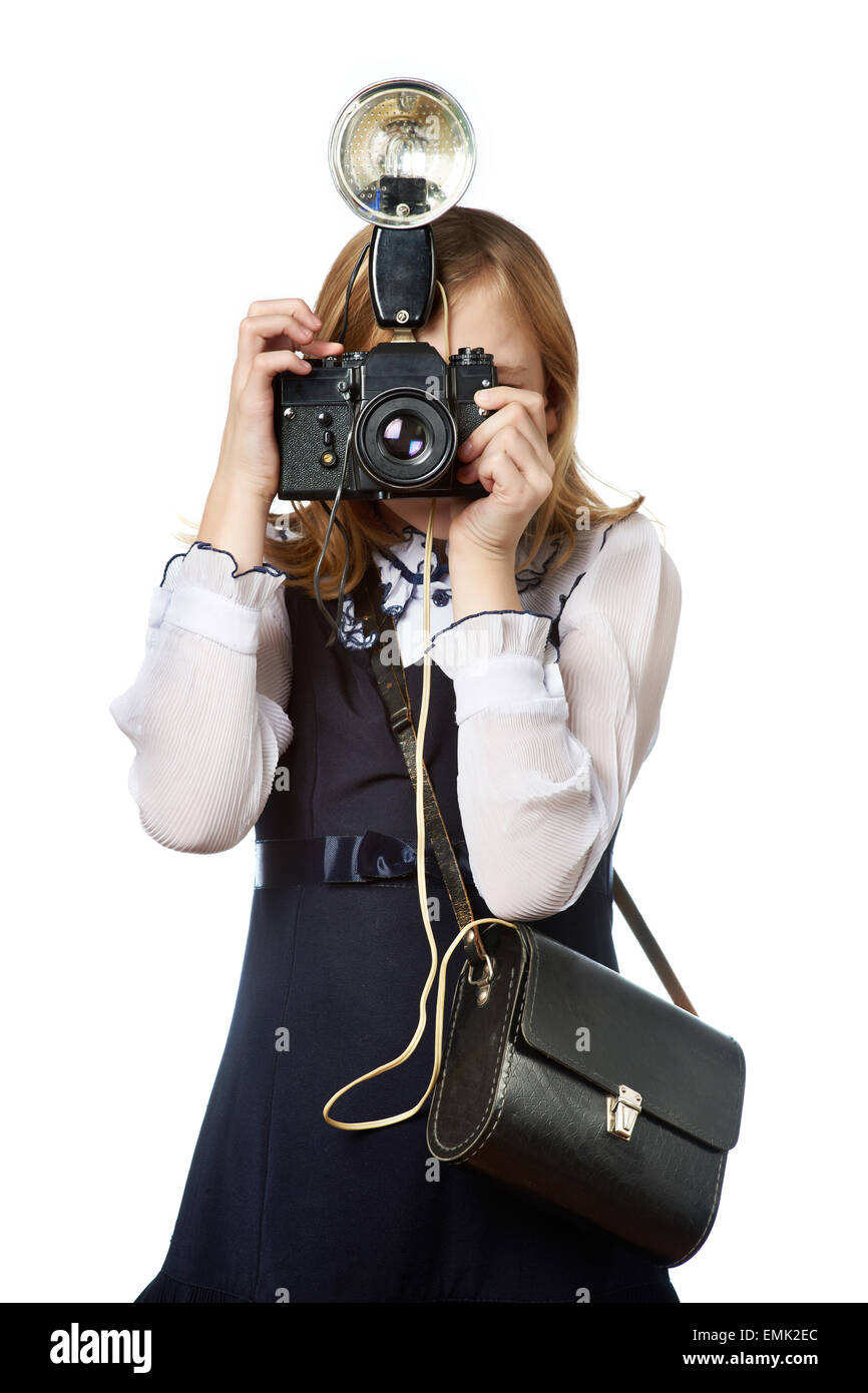 Girl reporter photographer with retro camera and flash isolated Stock ...