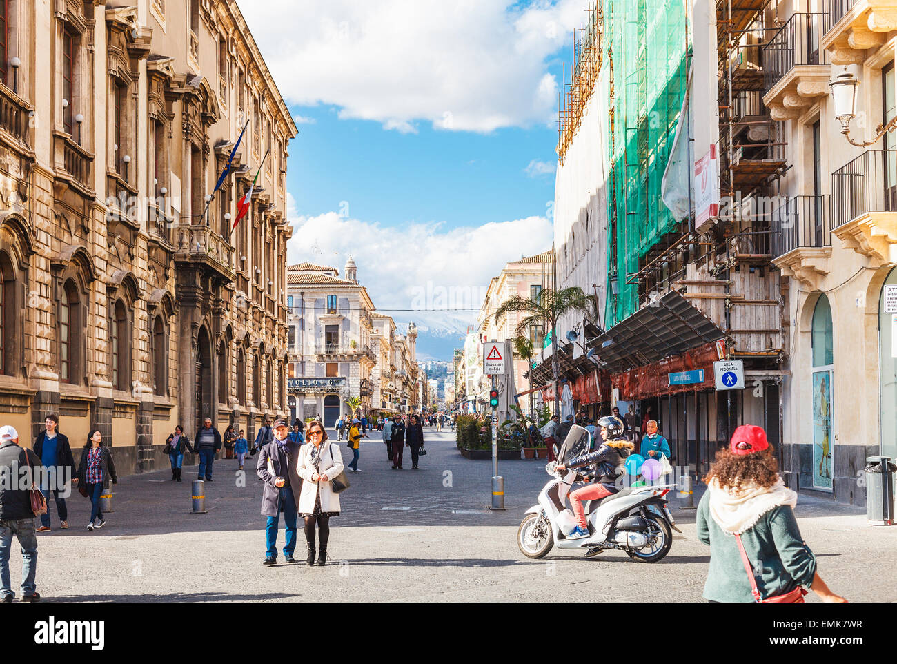 CATANIA, ITALY - APRIL 5, 2015: view of via Etnea and Etna volcano in ...