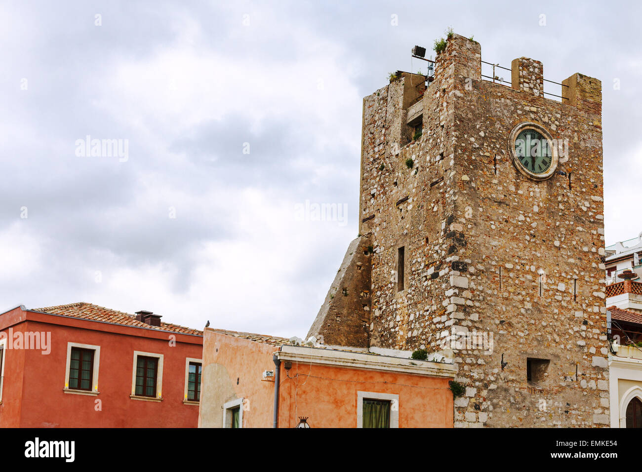 The Clock Tower on 9th of April Square in Taormina, Sicily Stock Photo ...