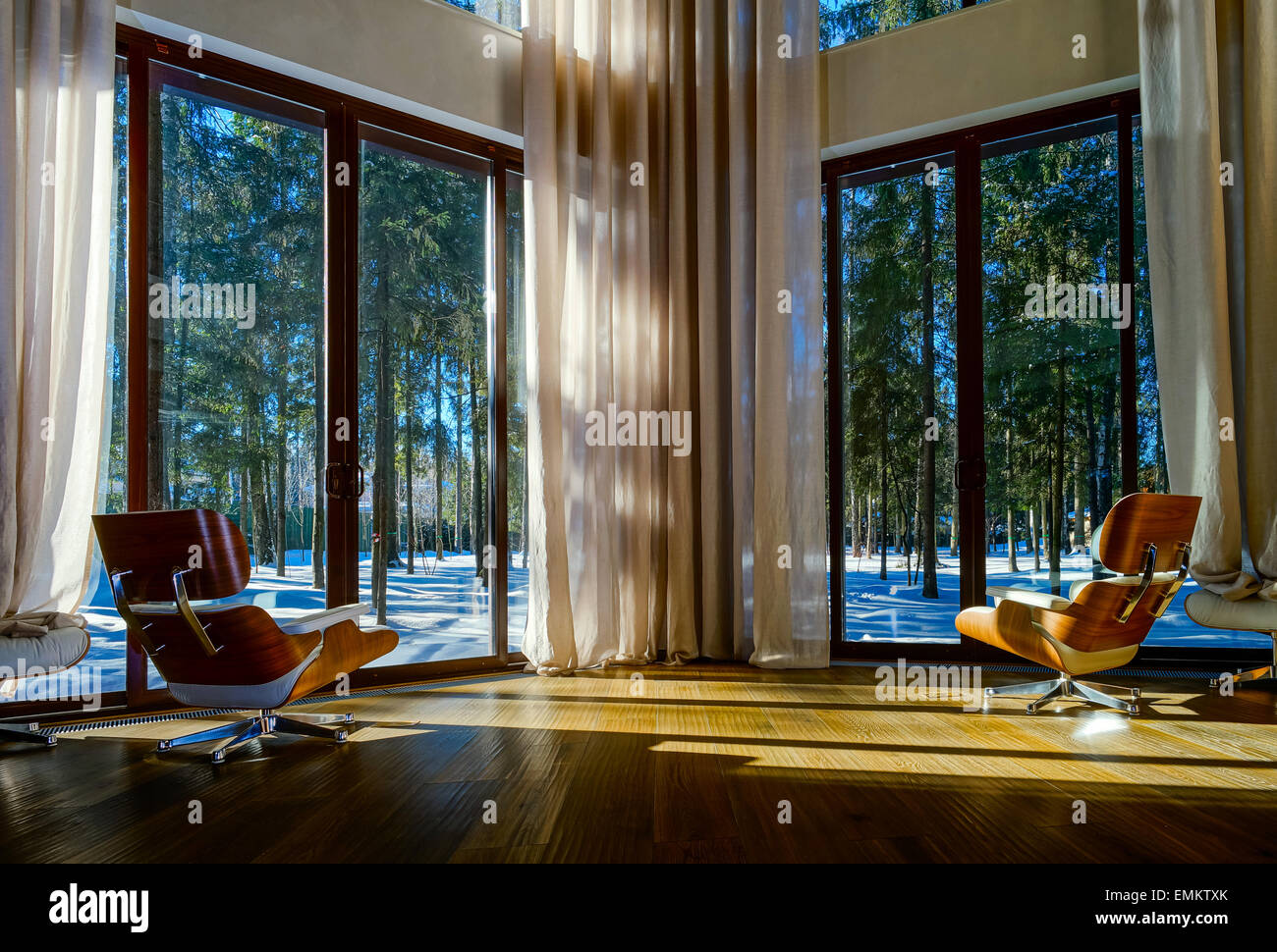 Modern rest room in new house. Sunny day. Big fiberglass windows Stock ...