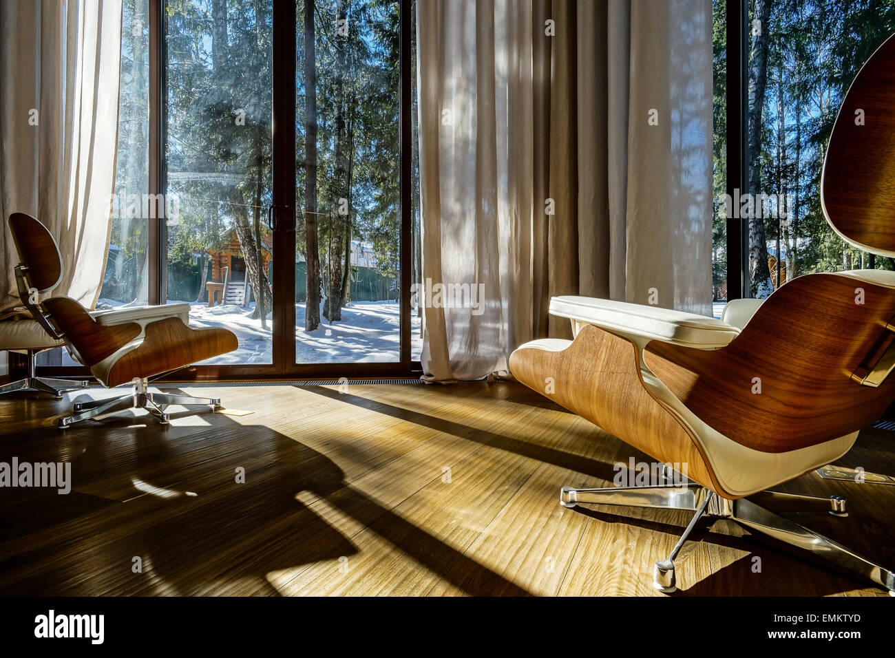 Modern rest room in new house. Sunny day. Big fiberglass windows Stock ...