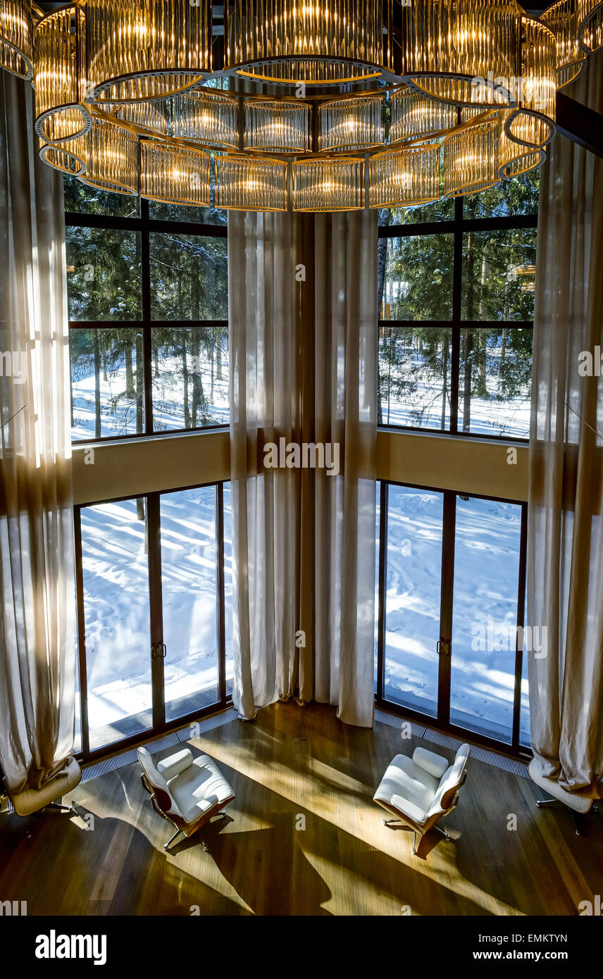 Modern rest room in new house. Sunny day. Big fiberglass windows Stock ...