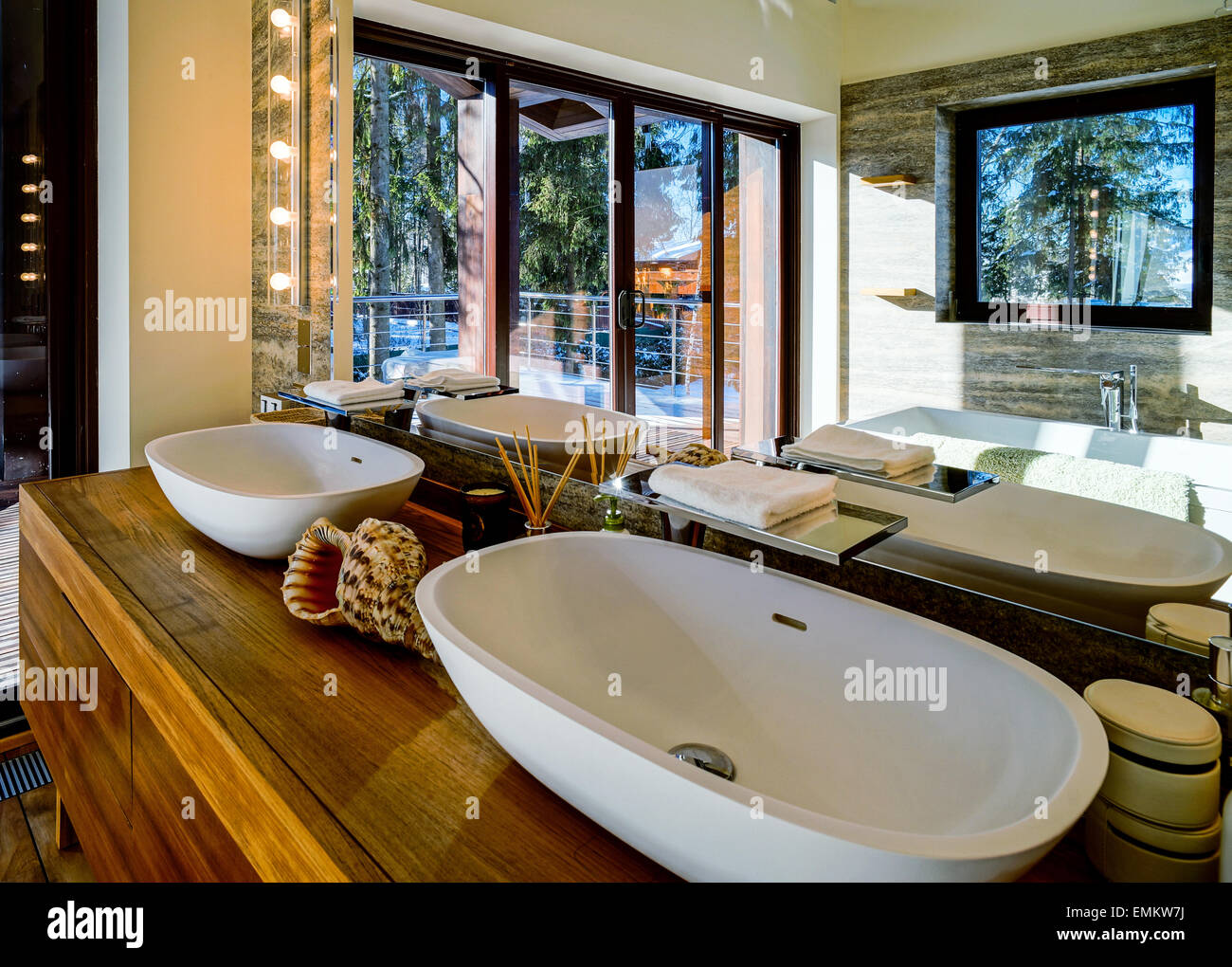 Modern bathroom interior in sun light. Sliding fiberglass doors Stock ...