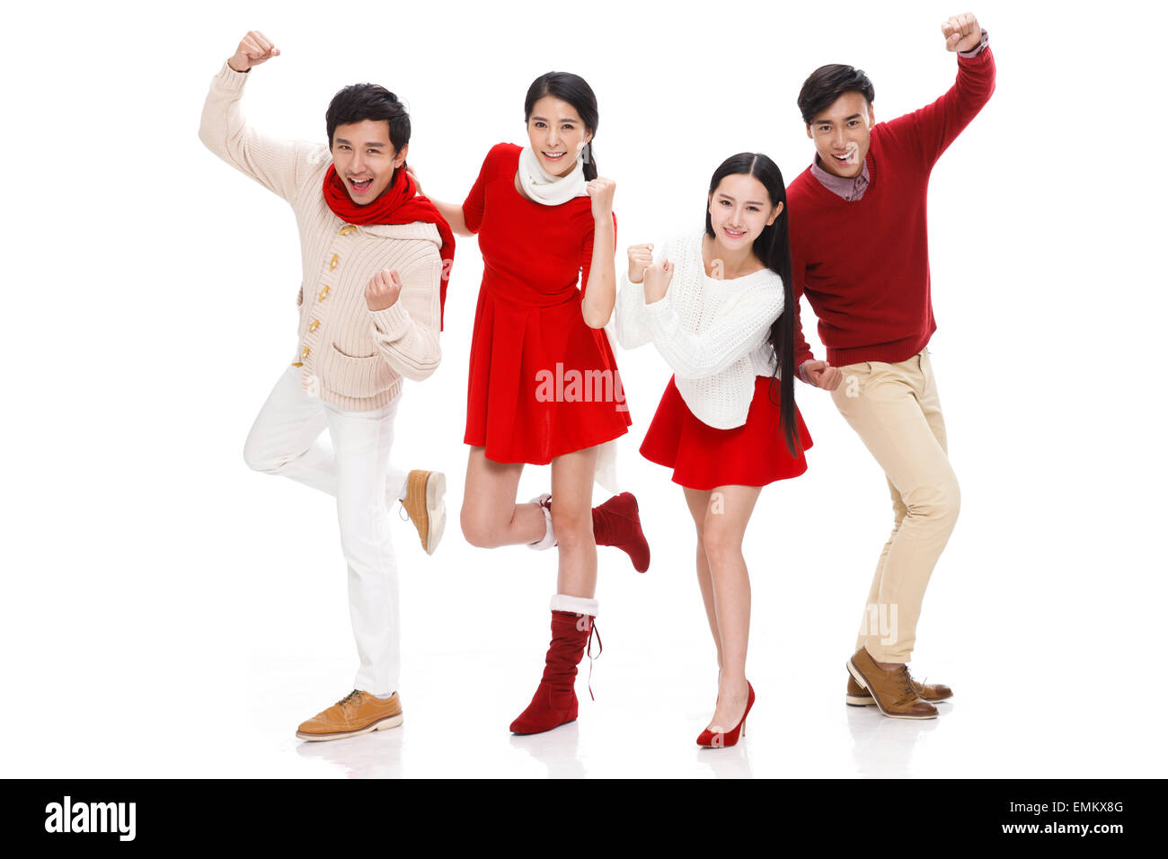 Young men and women fashion do victory posture Stock Photo - Alamy