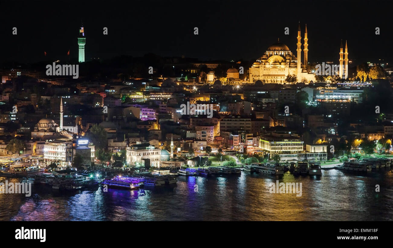 Fatih district by night from Galata Tower, Istanbul, Turkey Stock Photo ...