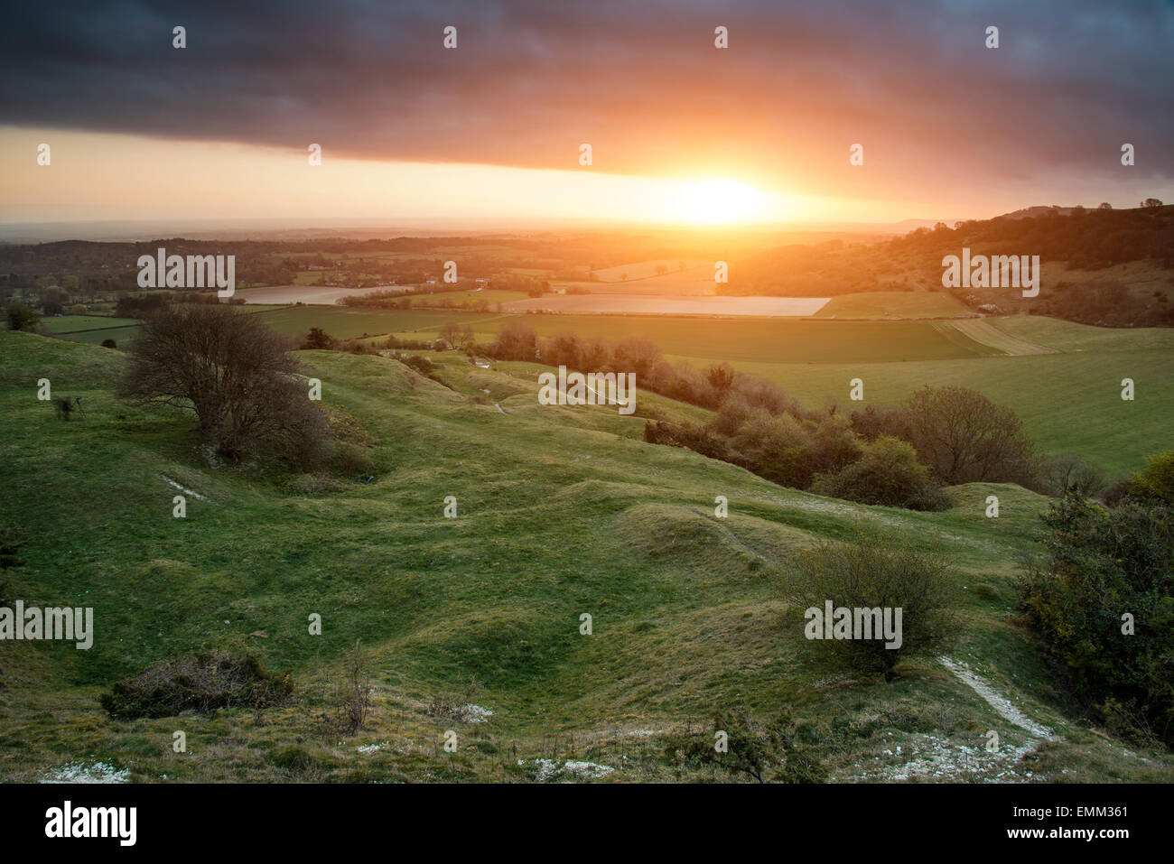 Stunning Spring sunrise over English countryside landscape escarpment ...