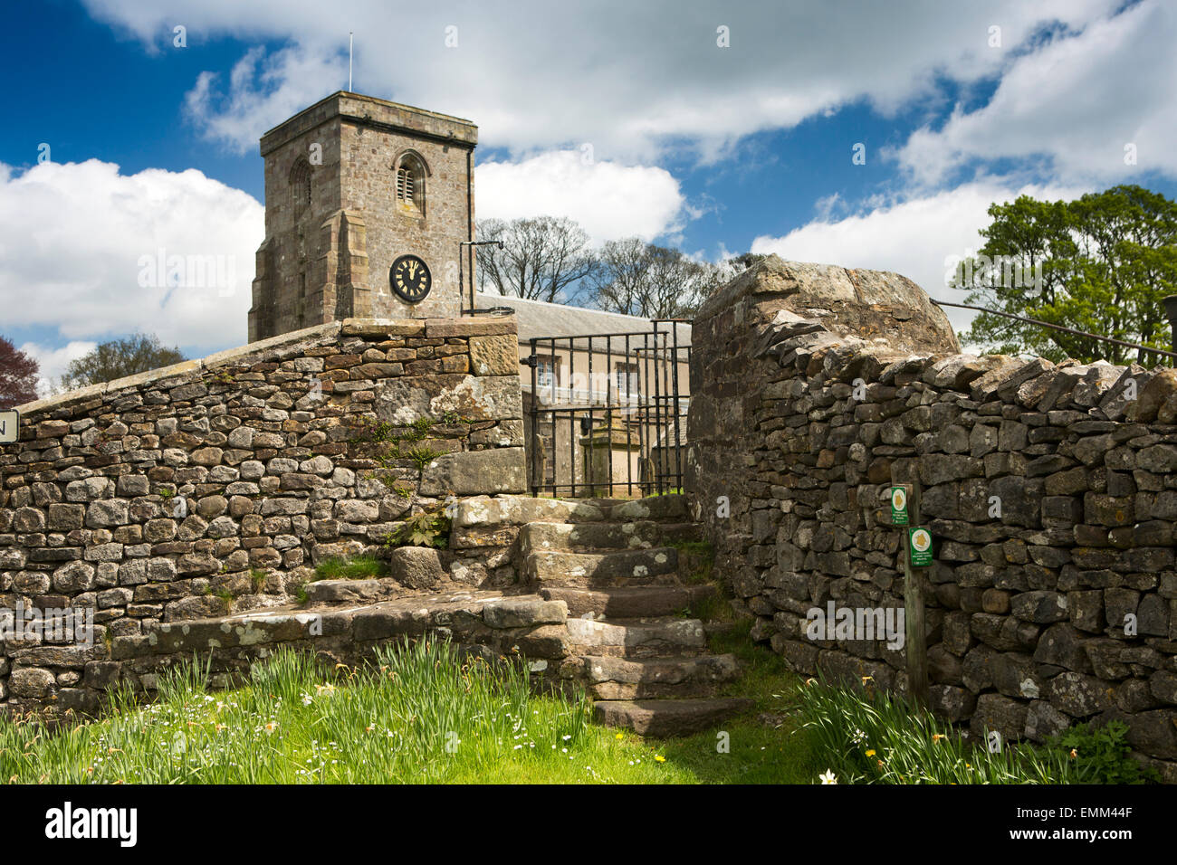 UK, England, Lancashire, Slaidburn, stone steps and kissing gate to St ...