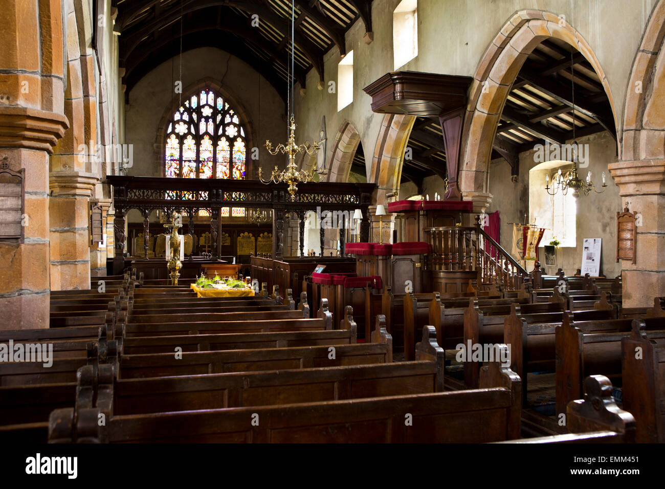 UK, England, Lancashire, Slaidburn, St Andrew’s Church interior, pews ...