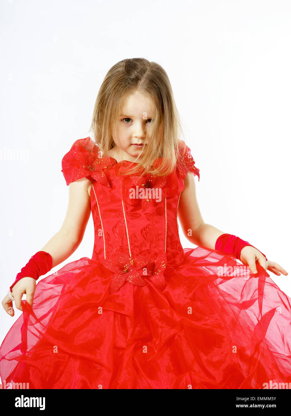 Cute little princess dressed in red dancing. Isolated on white ...