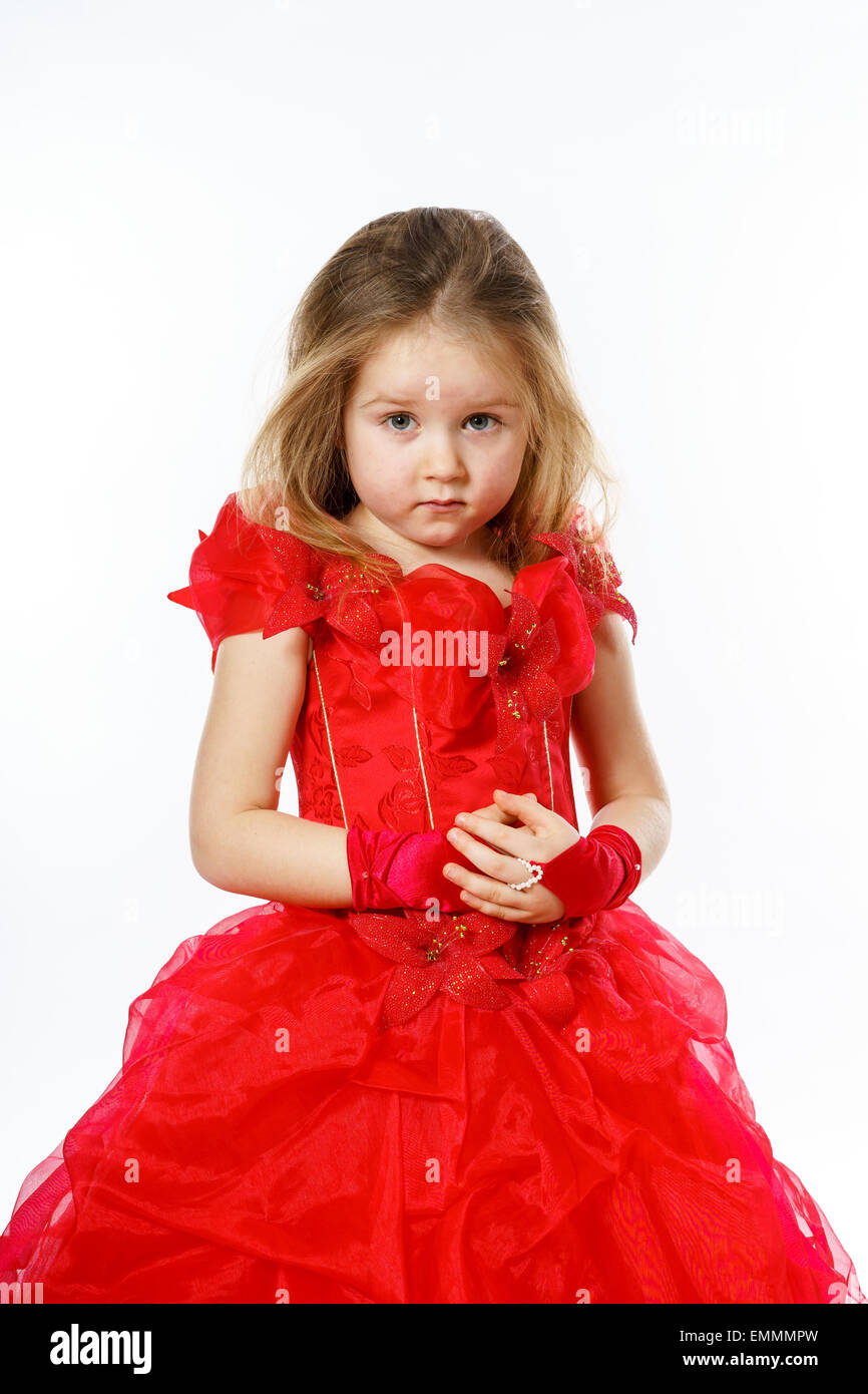 Cute little princess dressed in red dancing. Isolated on white ...