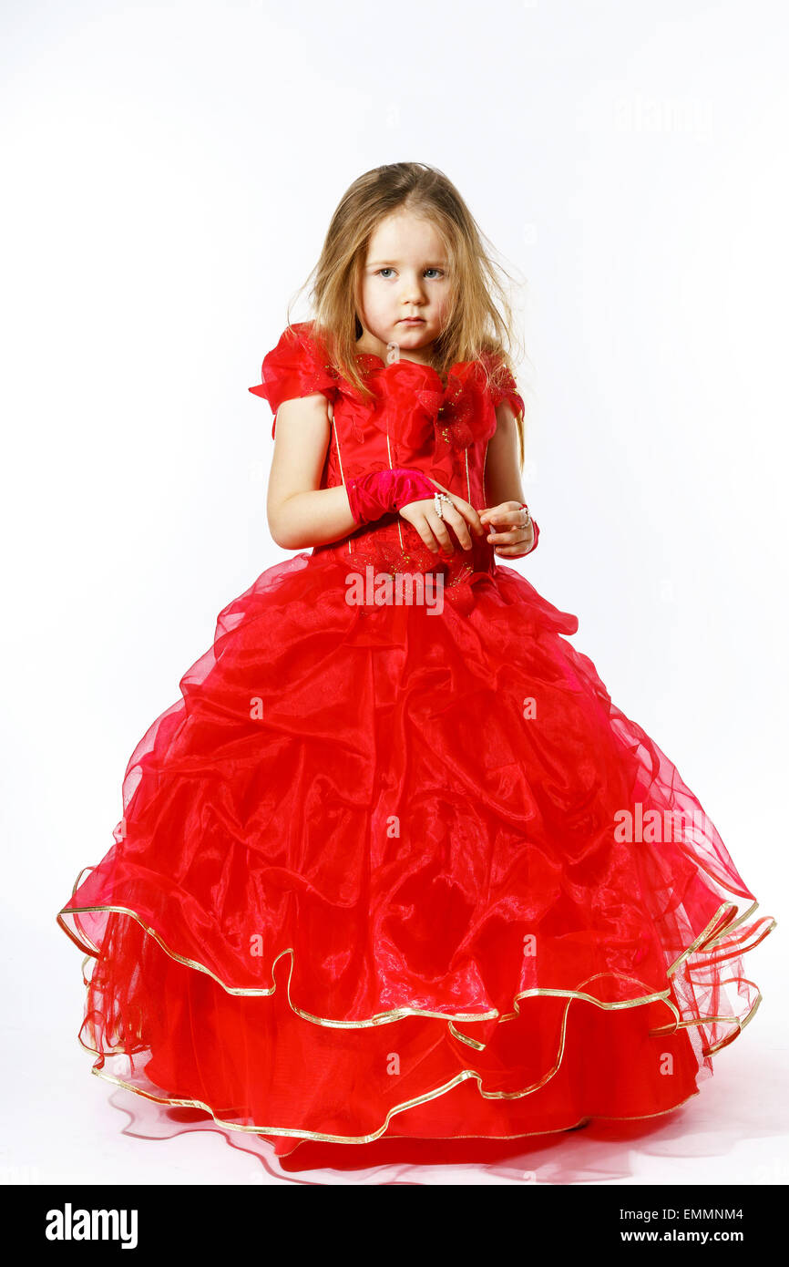 Cute little princess dressed in red dancing. Isolated on white ...