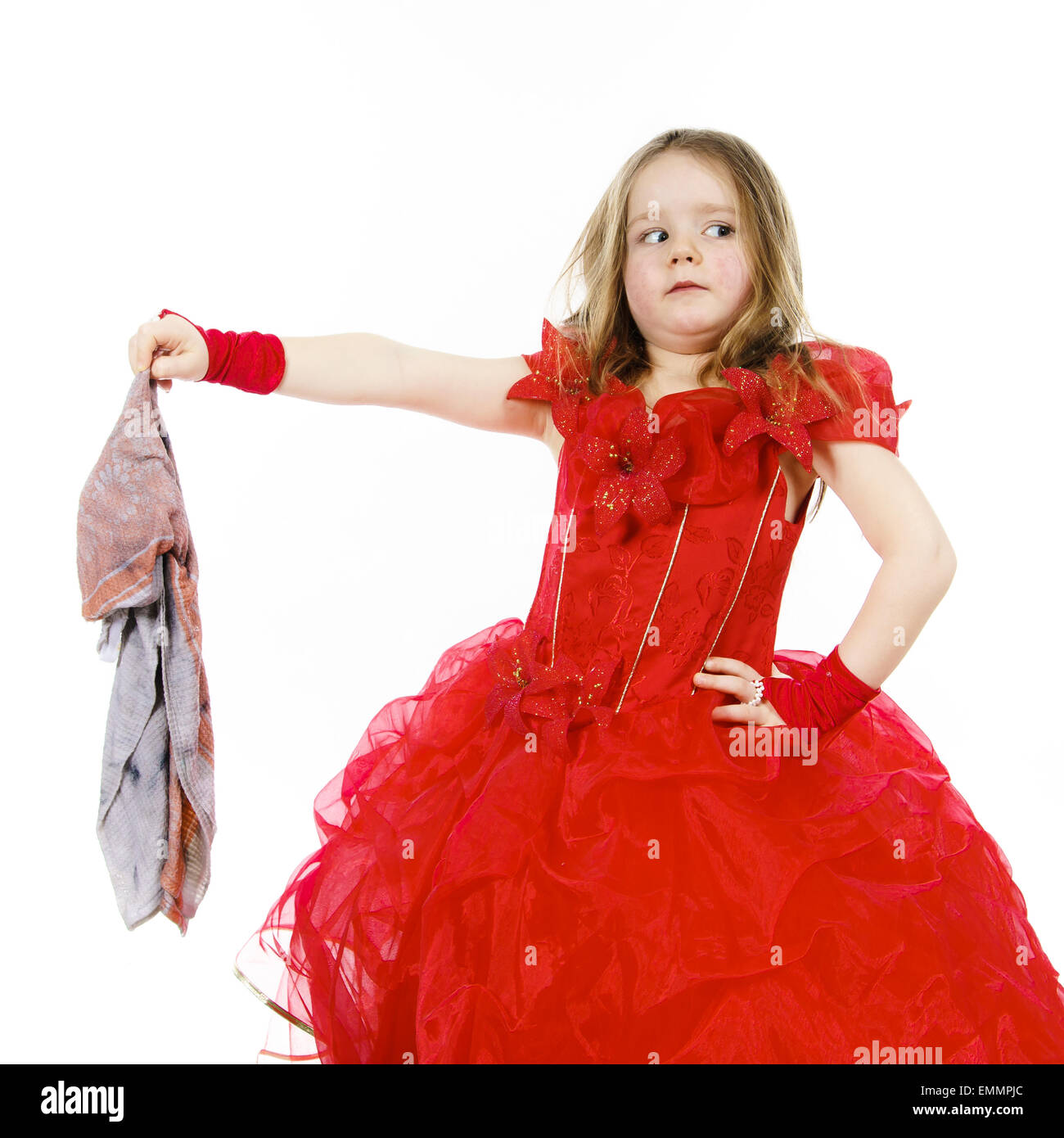 Young cinderella dressed in red preparing to mop the floor by dirty ...
