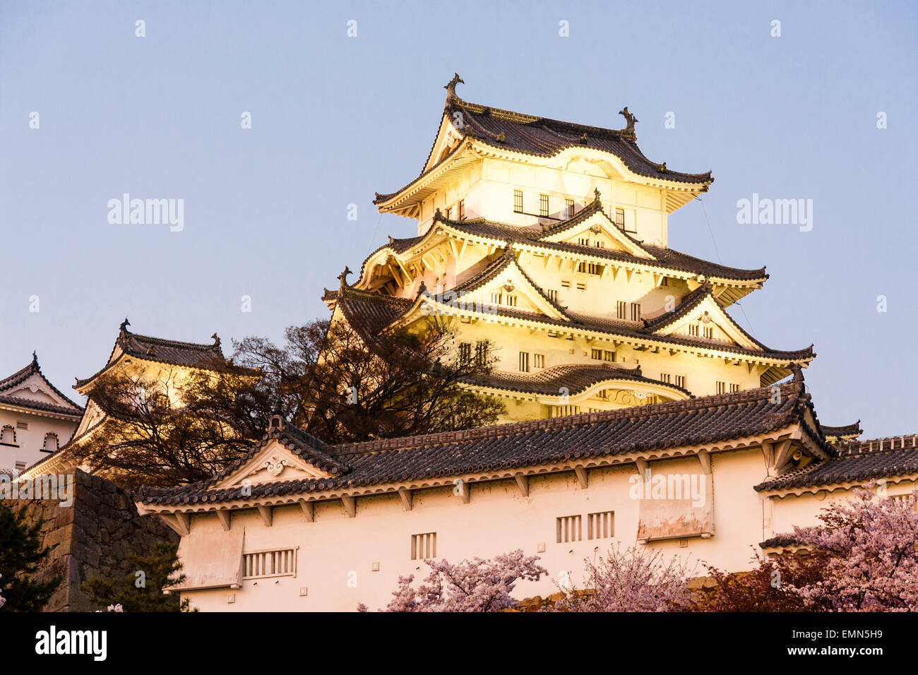Tourist attraction Himeji castle in Japan. Golden hour view just before ...
