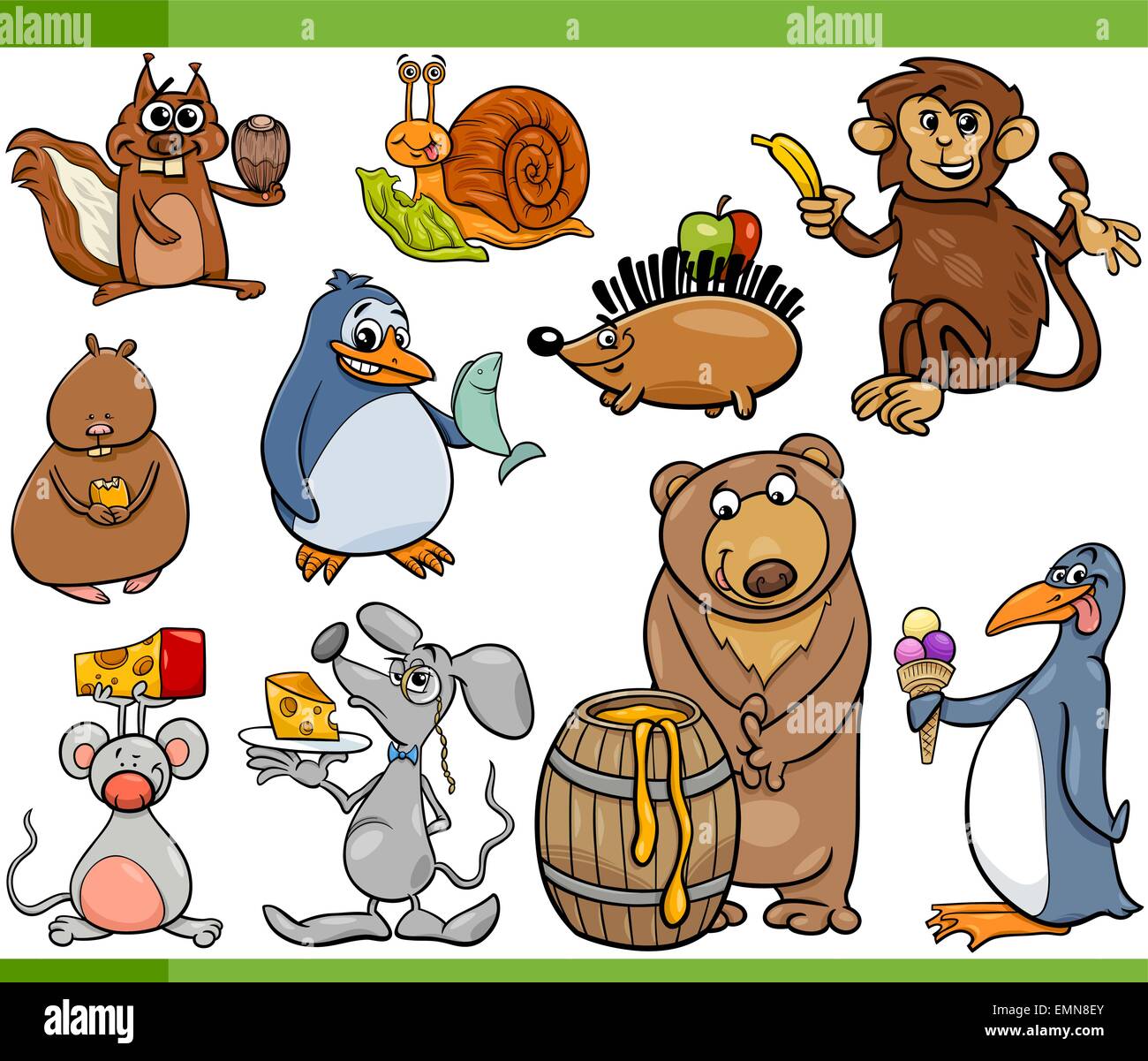 Cartoon Illustration Set of Funny Animals with their Favorite Food ...