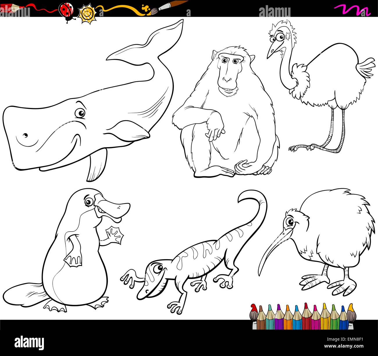 Coloring Book Cartoon Illustration Set of Funny Animals with their ...