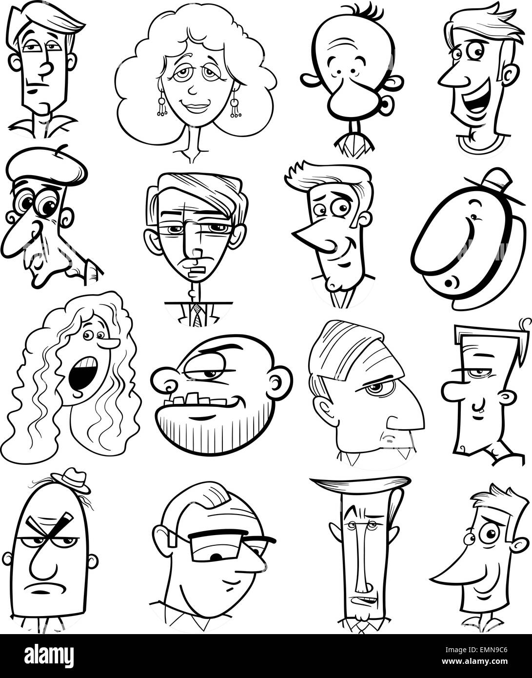 Black and White Cartoon Illustration of People Characters Faces Set ...