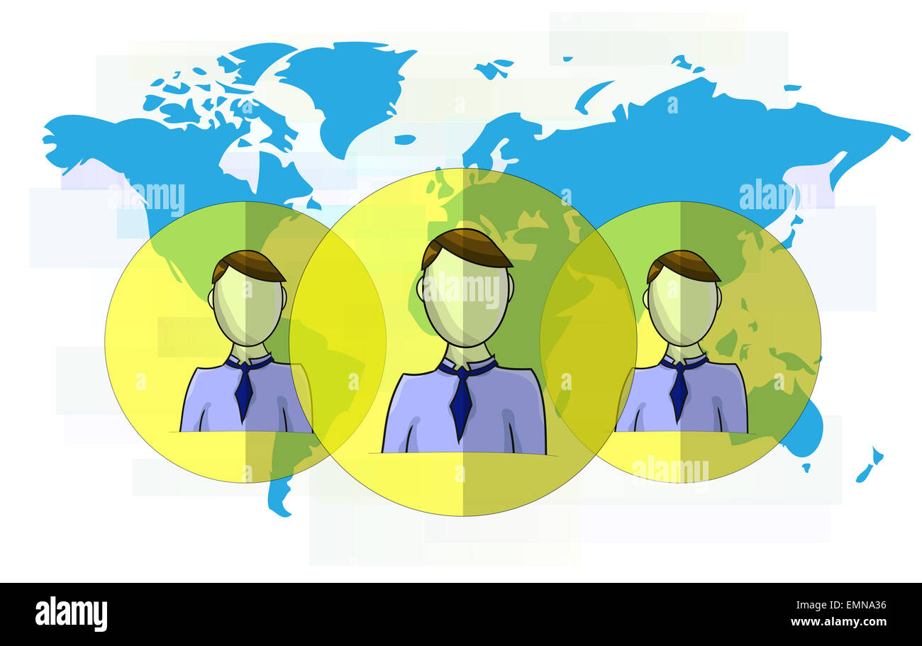 Illustration of social media heads with world map Stock Photo - Alamy
