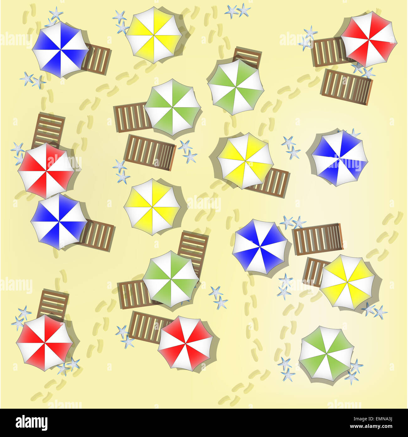 Illustration of beach from above with parasols and beds Stock Photo - Alamy