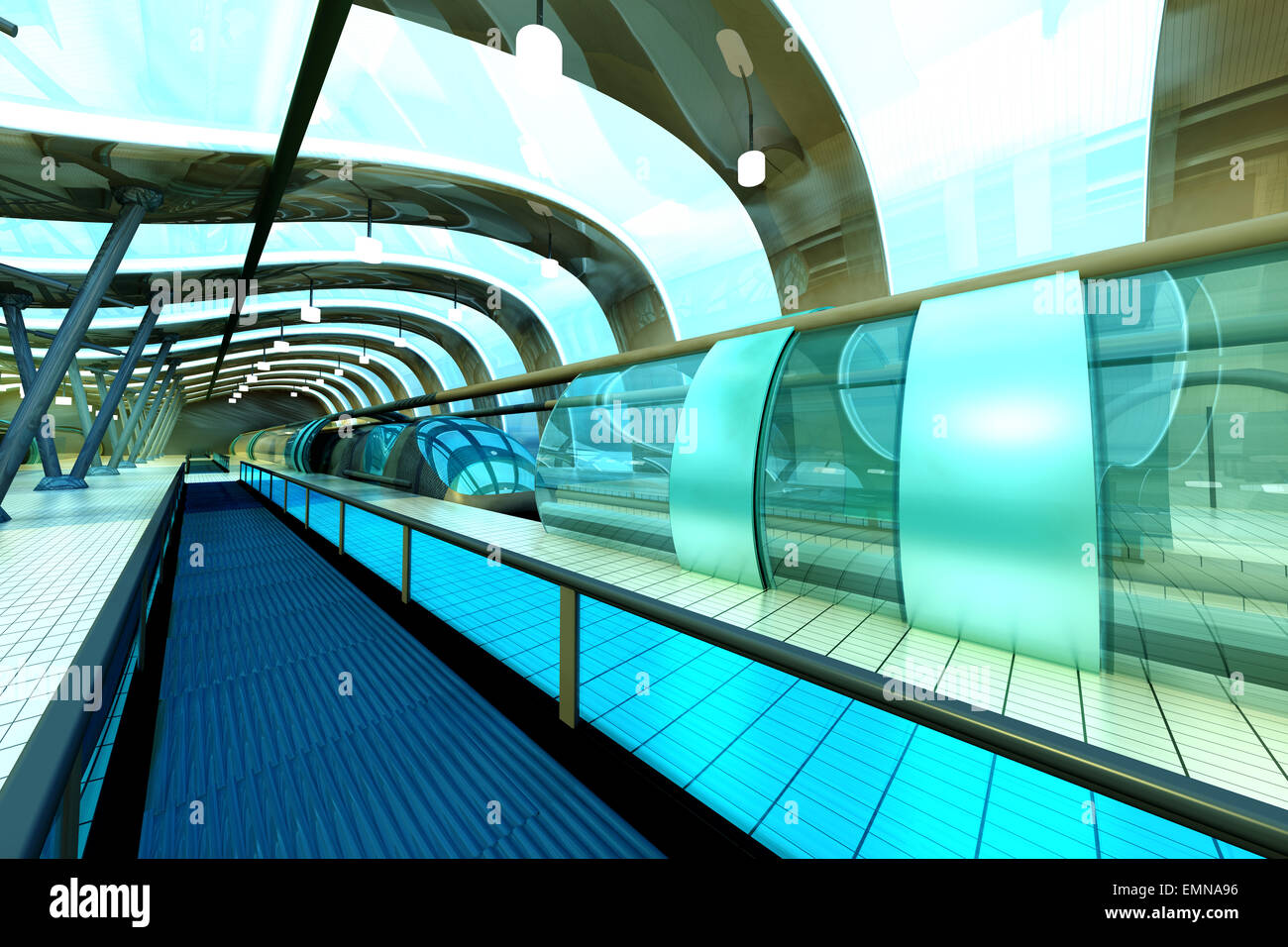 A futuristic subway or train station. 3D architecture visualization ...